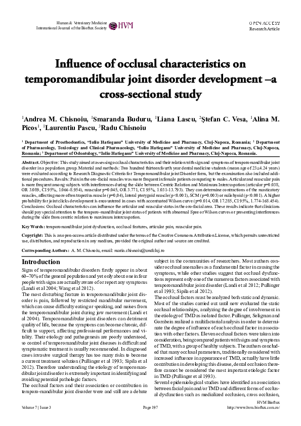 Pdf Influence Of Occlusal Characteristics On Temporomandibular Joint