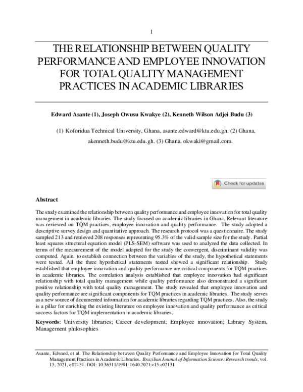 (PDF) The relationship between quality performance and employee innovation for total quality ...