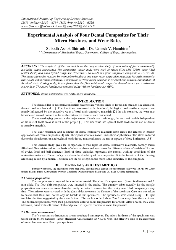 (PDF) Experimental Analysis of Four Dental Composites for Their Micro ...