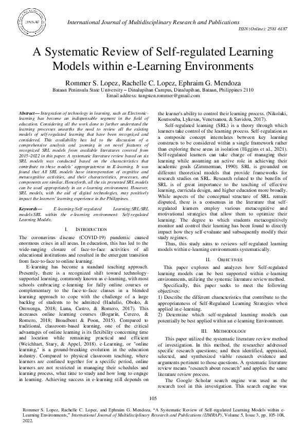 (PDF) A Systematic Review of Self-regulated Learning Models within e-Learning Environments
