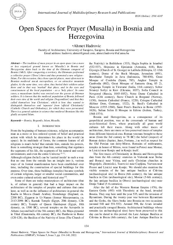 (PDF) Open Spaces for Prayer (Musalla) in Bosnia and Herzegovina