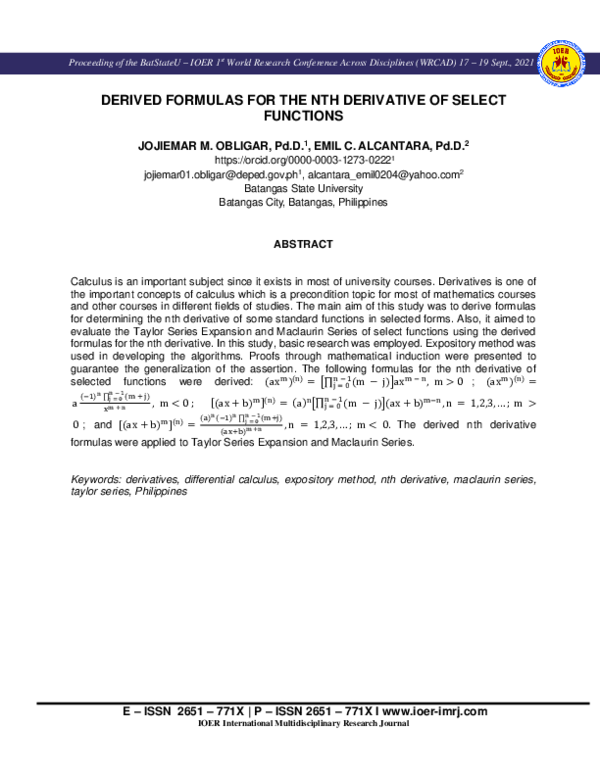 (PDF) Derived Formulas for the NTH Derivative of Select Functions