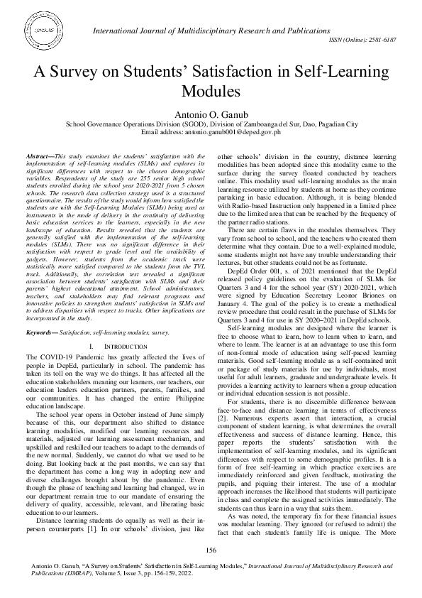 (PDF) A Survey on Students' Satisfaction in Self-Learning Modules