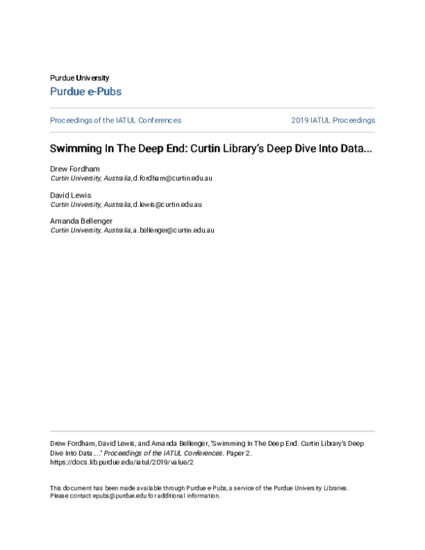 (PDF) Swimming In The Deep End: Curtin Library’s Deep Dive Into Data