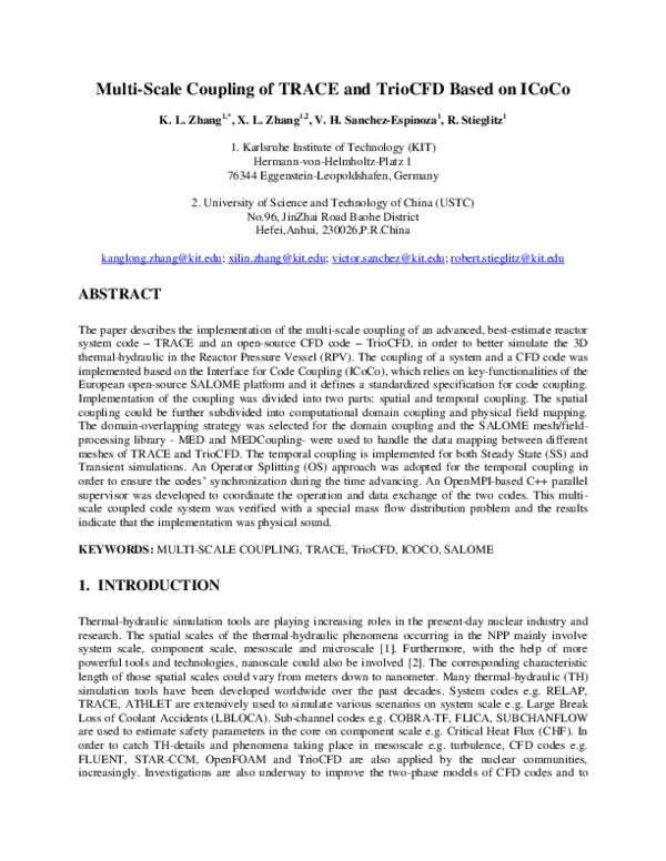 (PDF) Multi-Scale Coupling of TRACE and TrioCFD Based on ICoCo