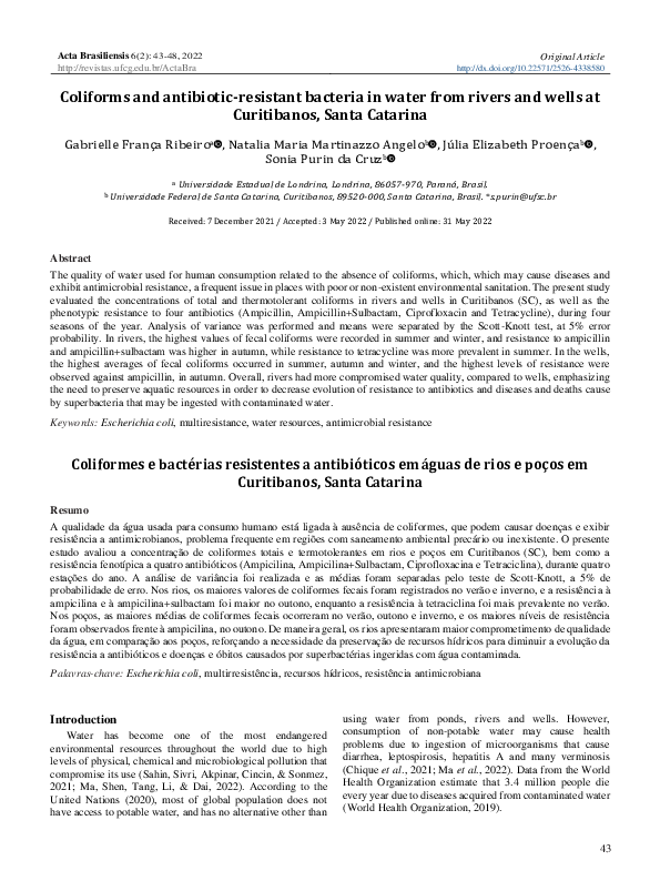 (PDF) Coliforms and antibiotic-resistant bacteria in water from rivers ...