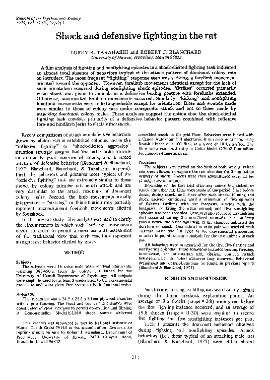 (PDF) Shock and defensive fighting in the rat