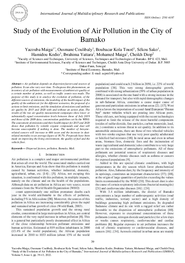 (PDF) Study of the Evolution of Air Pollution in the City of Bamako