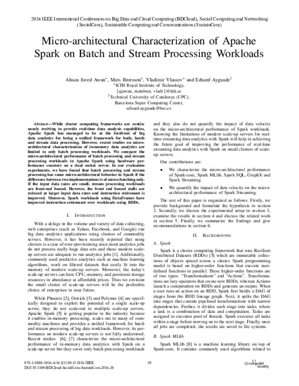 (PDF) Micro-Architectural Characterization of Apache Spark on Batch and Stream Processing Workloads
