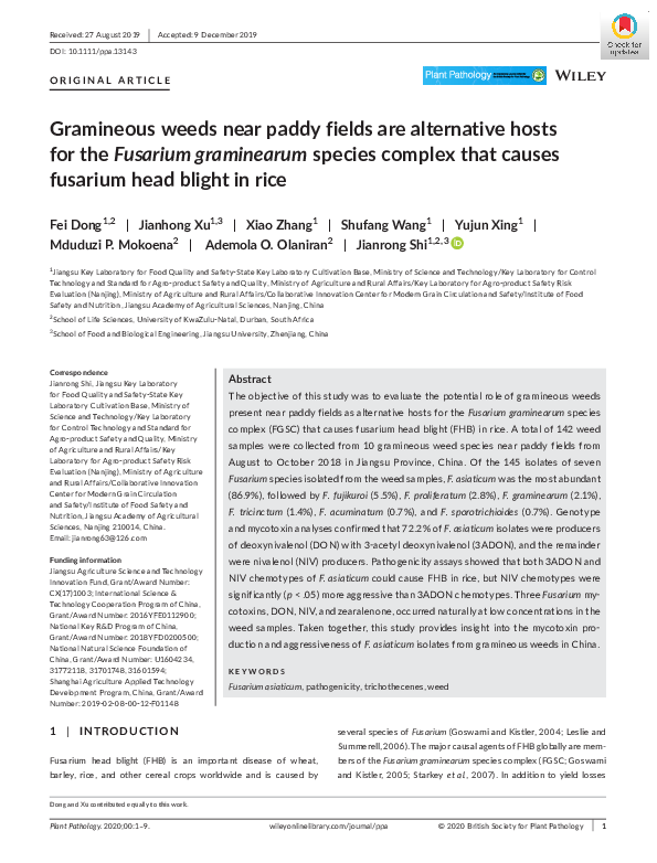 (PDF) Gramineous weeds near paddy fields are alternative hosts for the ...
