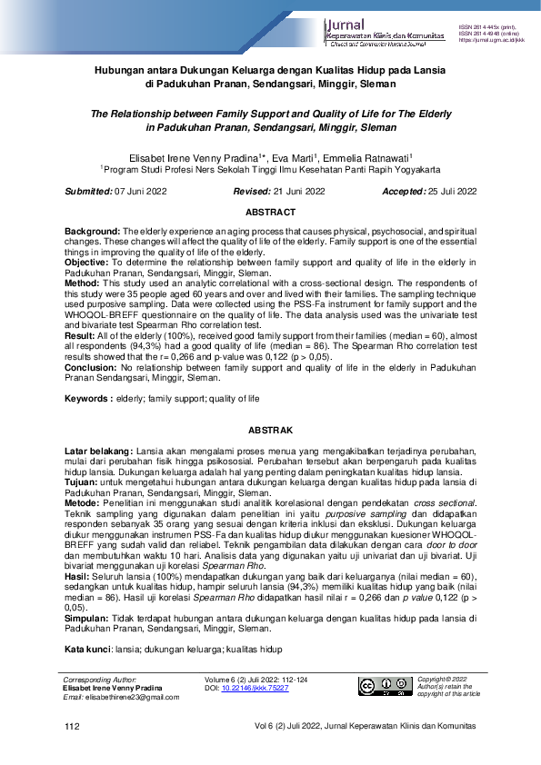 (PDF) Hubungan antara Dukungan Keluarga dengan Kualitas Hidup pada Lansia di Padukuhan Pranan ...