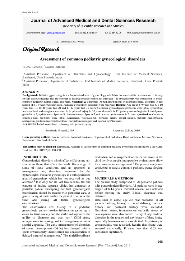 (PDF) Assessment of common pediatric gynecological disorders