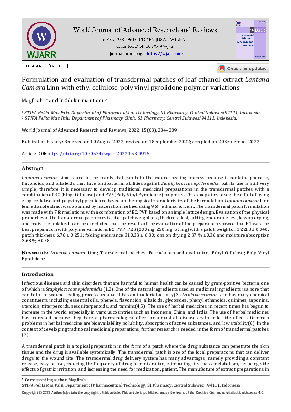 Pdf Formulation And Evaluation Of Transdermal Patches Of Leaf Ethanol Extract Lantana Camara