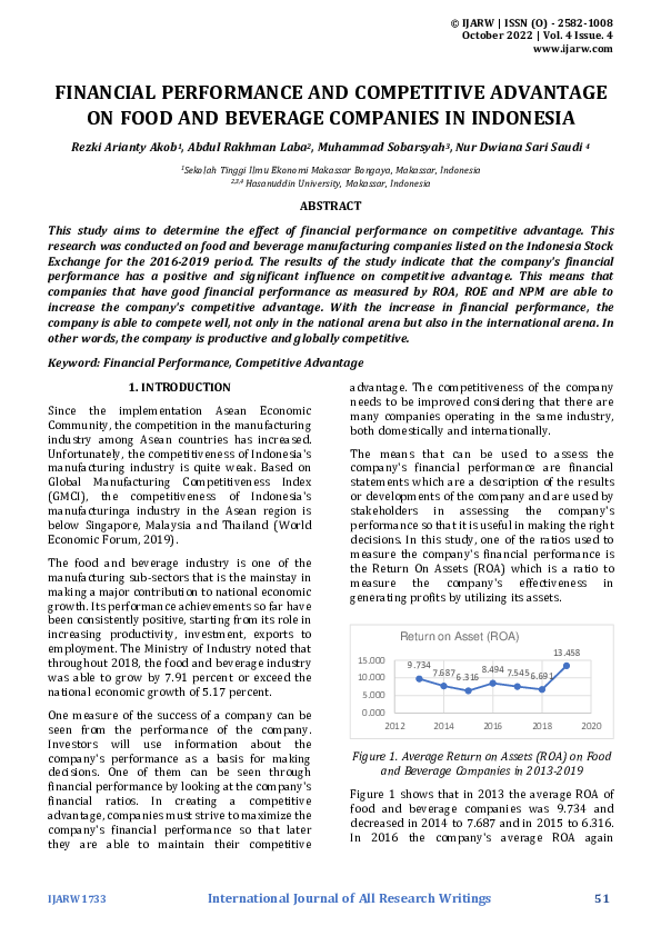 (PDF) FINANCIAL PERFORMANCE AND COMPETITIVE ADVANTAGE ON FOOD AND BEVERAGE COMPANIES IN INDONESIA