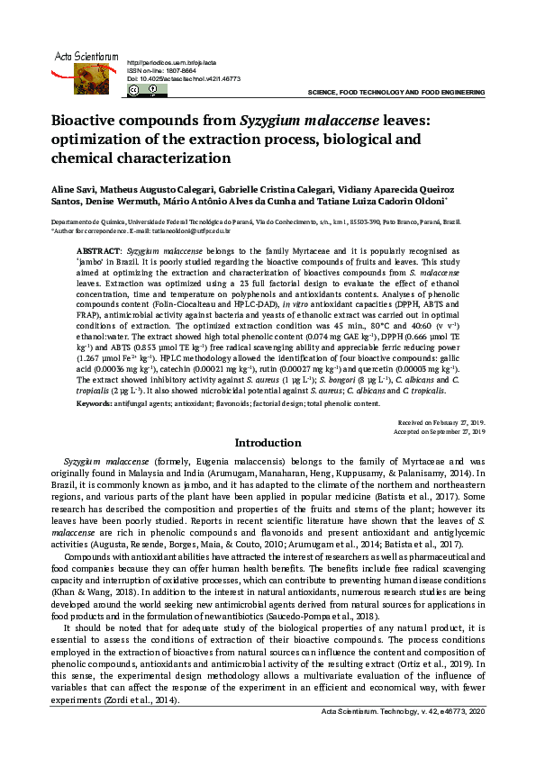 Pdf Bioactive Compounds From Syzygium Malaccense Leaves Optimization