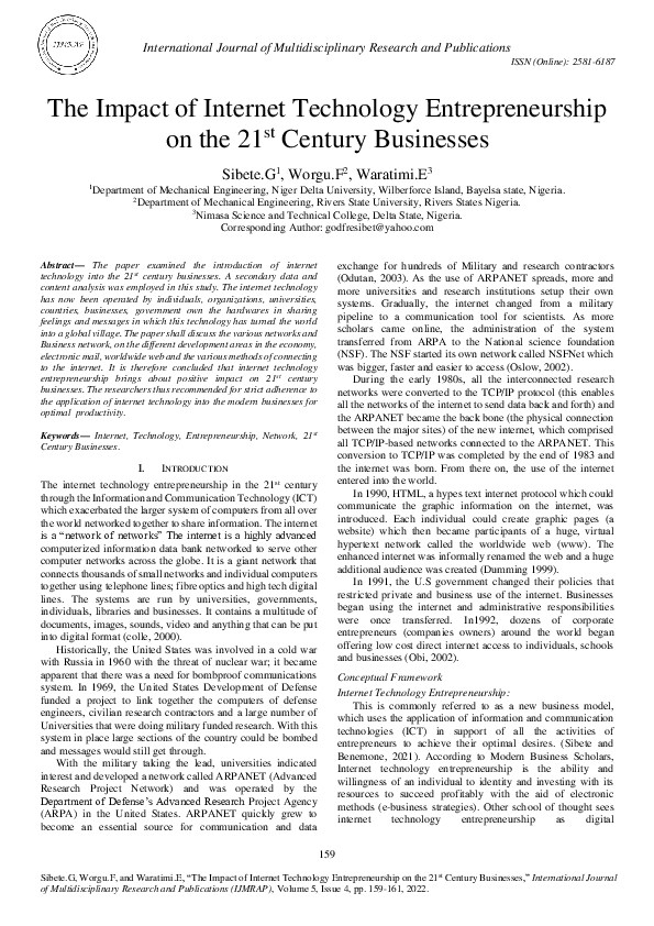 (PDF) The Impact of Internet Technology Entrepreneurship on the 21 st ...