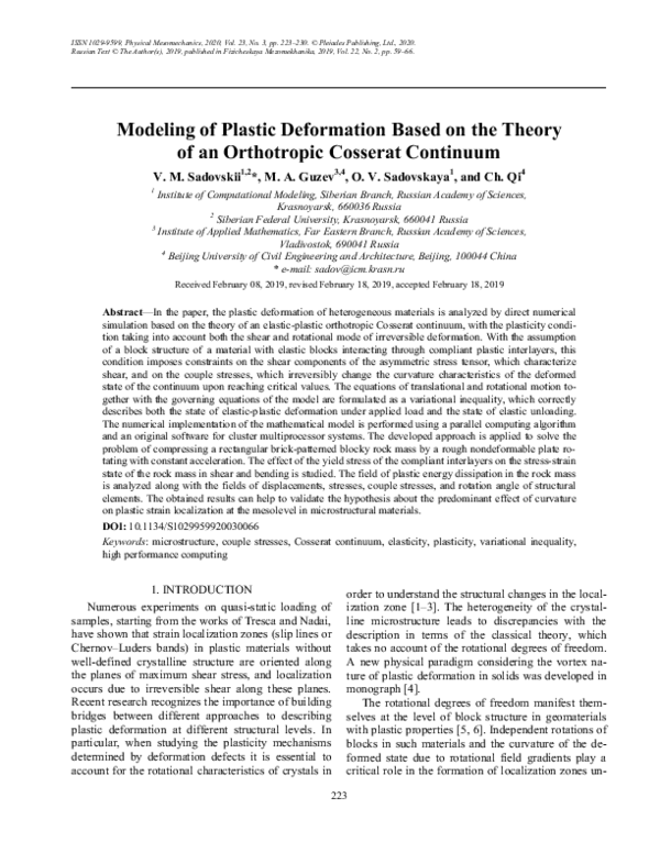 (PDF) Modeling of Plastic Deformation Based on the Theory of an Orthotropic Cosserat Continuum