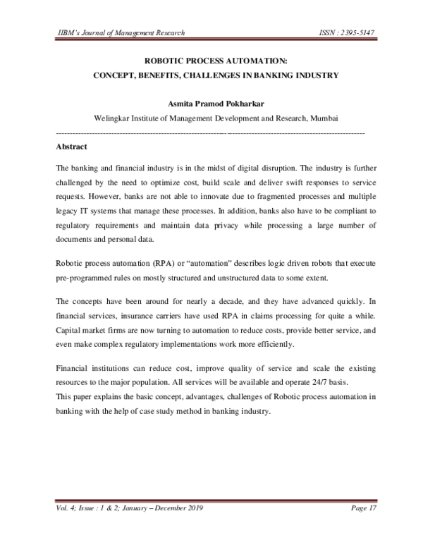 (PDF) Robotic Process Automation: Concept, Benefits, Challenges in Banking Industry