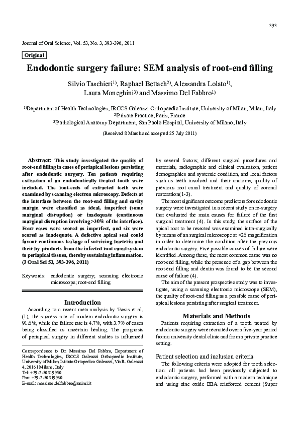 (PDF) Endodontic surgery failure: SEM analysis of root-end filling