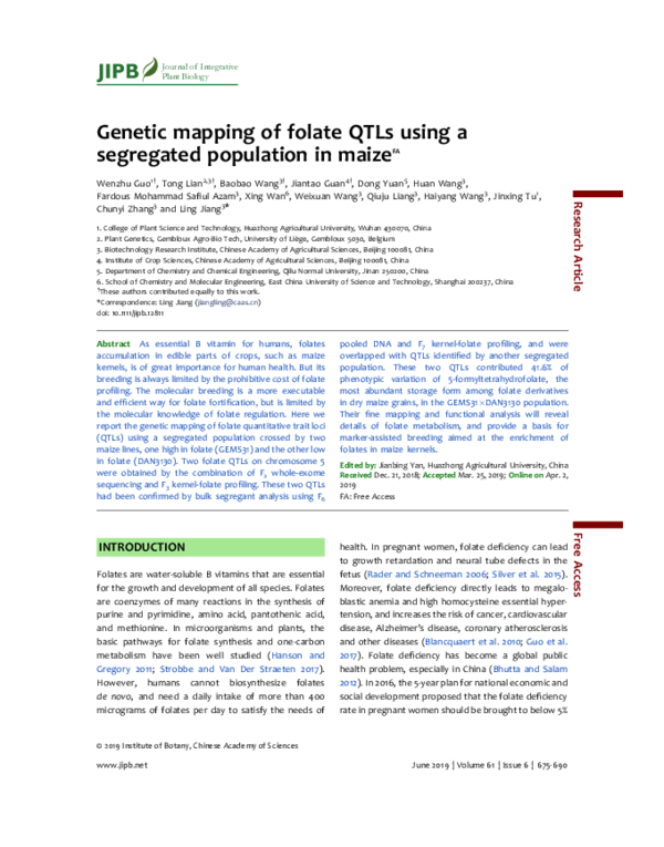 (PDF) Genetic mapping of folate QTLs using a segregated population in maize FA