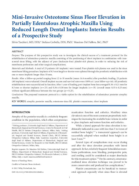 (PDF) Mini-Invasive Osteotome Sinus Floor Elevation in Partially Edentulous Atrophic Maxilla ...