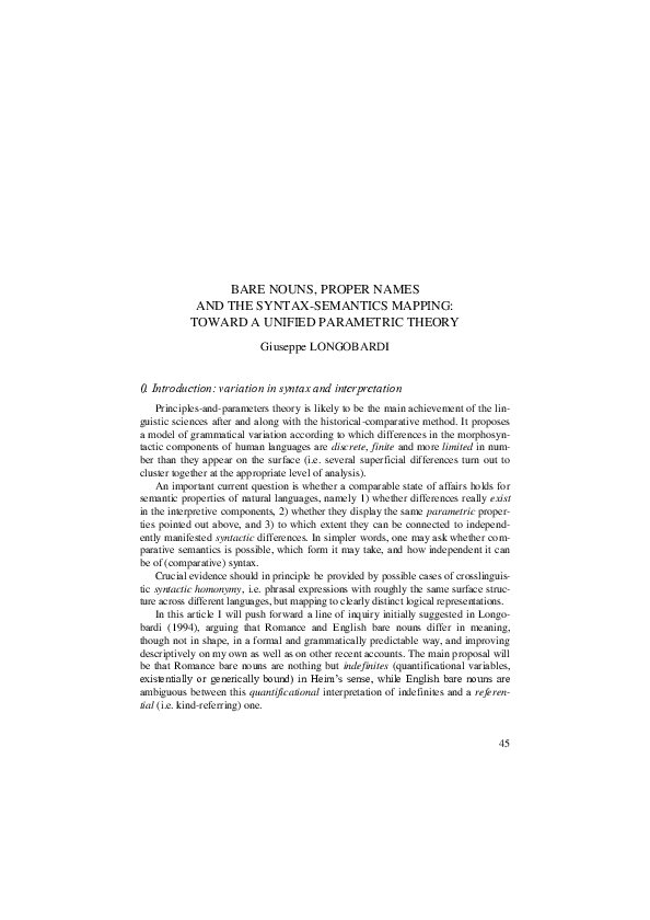 Pdf Bare Nouns Proper Names And The Syntax Semantics Mapping Toward A Unified Parametric Theory