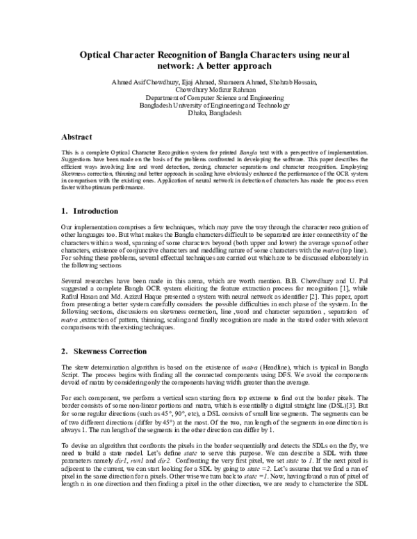 Pdf Optical Character Recognition Of Bangla Characters Using Neural