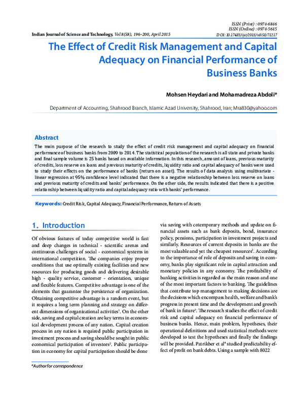 (PDF) The Effect of Credit Risk Management and Capital Adequacy on Financial Performance of ...