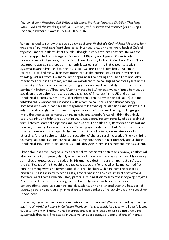 (PDF) The Call to Focus on God: A Review of Webster's God without Measure