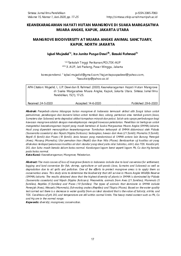 (PDF) Keanekaragaman Hayati Hutan Mangrove DI Suaka Margasatwa Muara Angke, Kapuk, Jakarta Utara