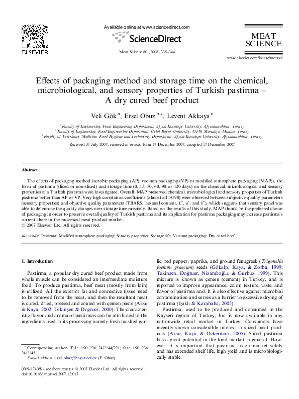 (PDF) Effects of packaging method and storage time on the chemical, microbiological, and sensory ...