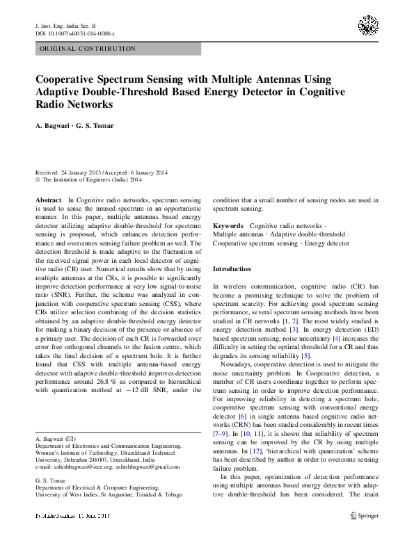 Pdf Cooperative Spectrum Sensing With Multiple Antennas Using