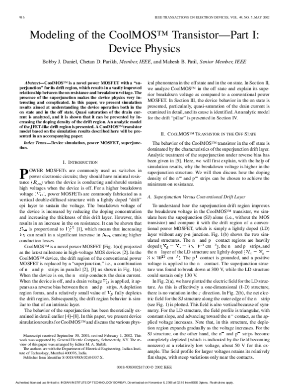 (PDF) Modeling of the CoolMOS/sup TM/ transistor - Part I: Device physics