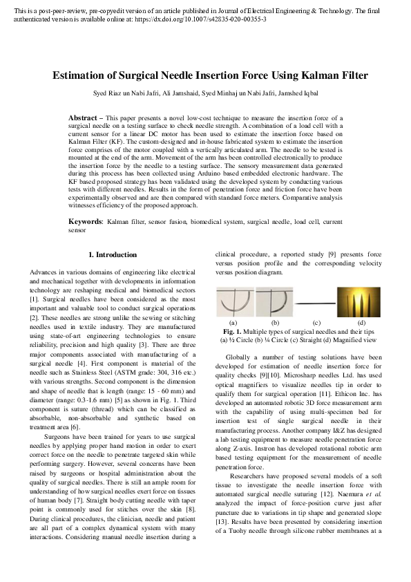 (PDF) Estimation of Surgical Needle Insertion Force Using Kalman Filter