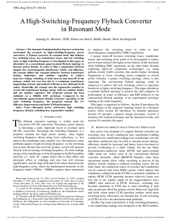 (PDF) A High-Switching-Frequency Flyback Converter in Resonant Mode