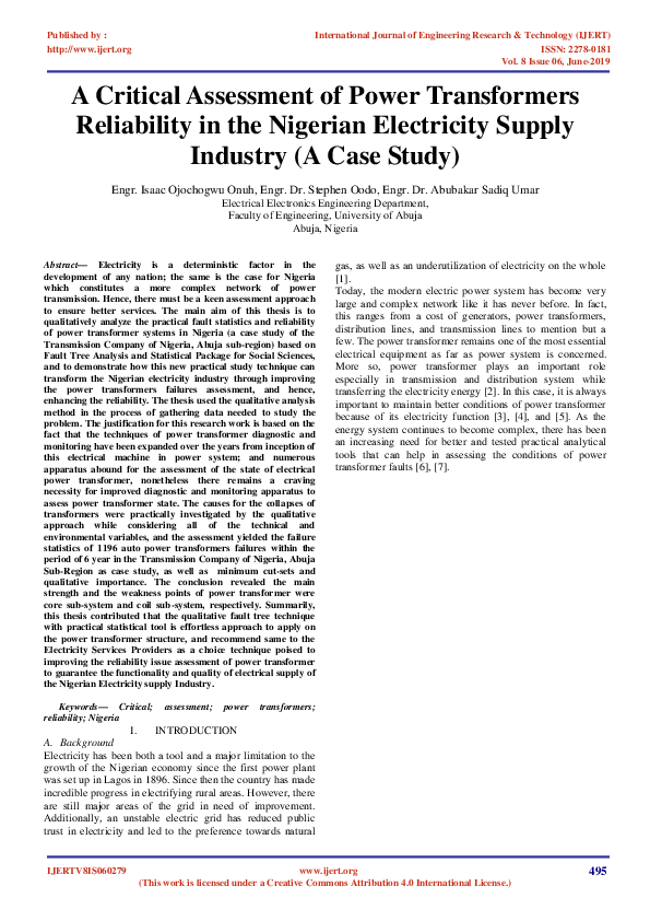 (PDF) A Critical Assessment of Power Transformers Reliability in the Nigerian Electricity Supply ...