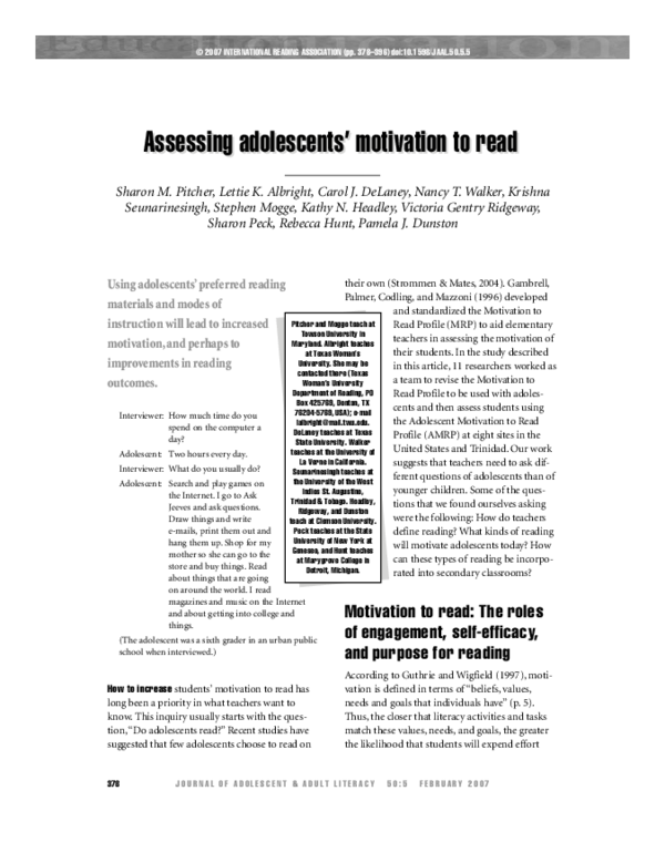 (PDF) Assessing Adolescents' Motivation to Read