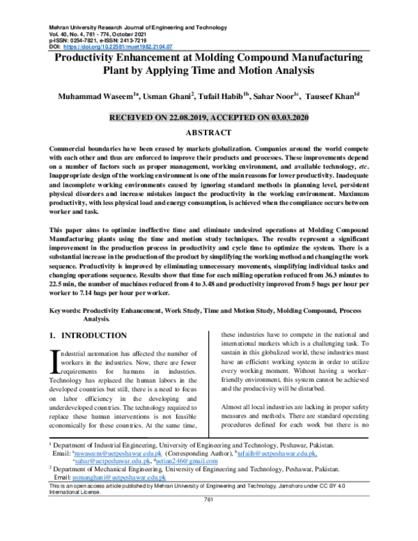 (PDF) Productivity Enhancement at Molding Compound Manufacturing Plant by Applying Time and ...