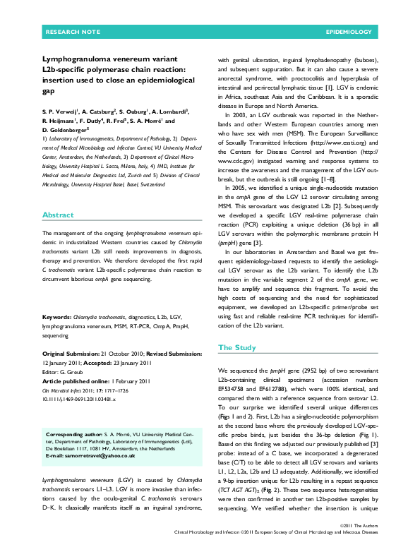 (PDF) Lymphogranuloma venereum variant L2b-specific polymerase chain reaction: insertion used to ...