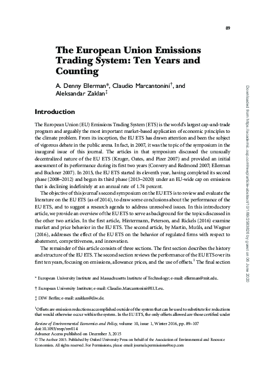 (PDF) The European Union Emissions Trading System: Ten Years and Counting