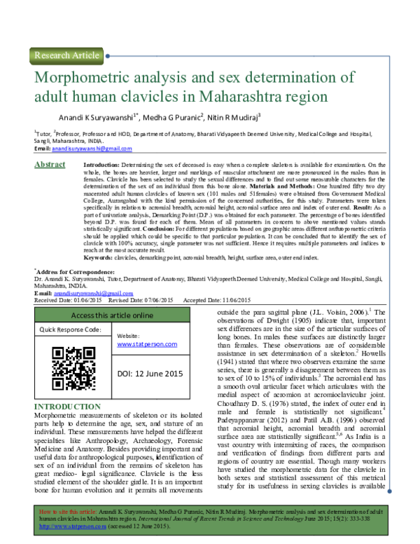 (PDF) Morphometric analysis and sex determinati adult human clavicles in M