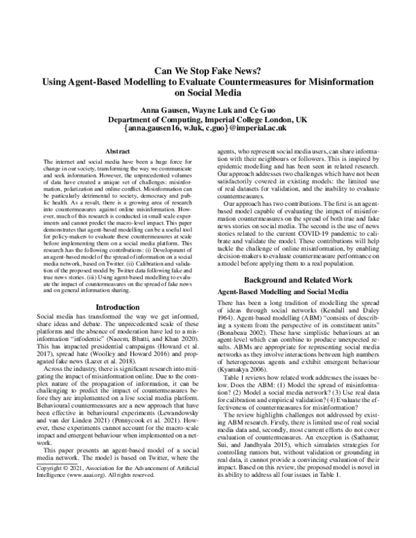 (PDF) Can We Stop Fake News? Using Agent-Based Modelling to Evaluate Countermeasures for ...