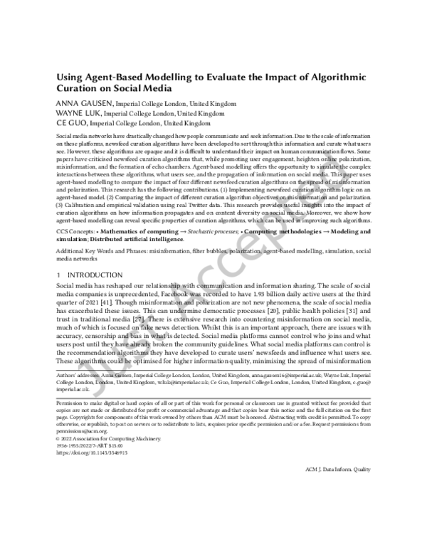 (PDF) Using Agent-Based Modelling to Evaluate the Impact of Algorithmic Curation on Social Media