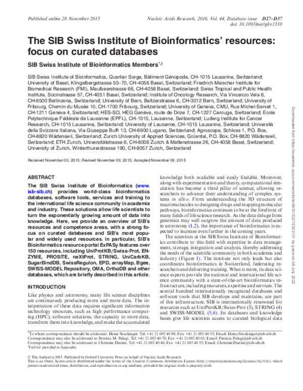 (PDF) The SIB Swiss Institute of Bioinformatics' resources: focus on curated databases