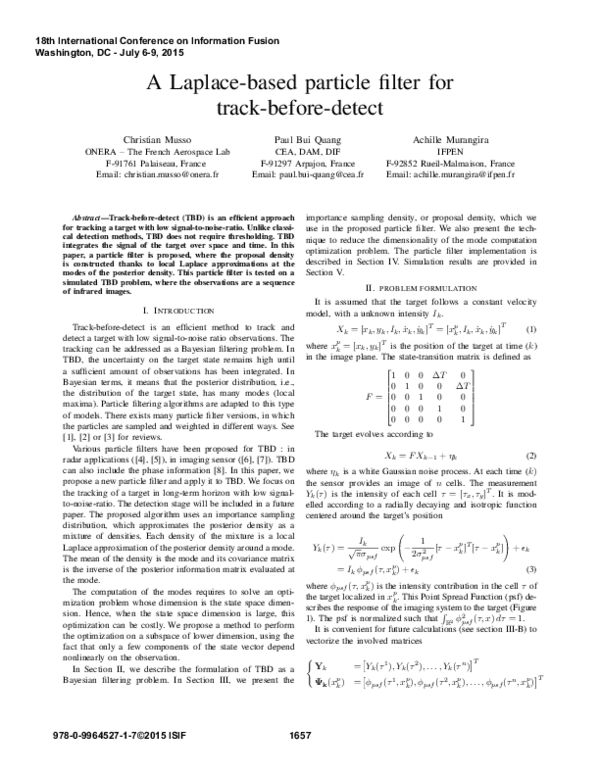 Pdf A Laplace Based Particle Filter For Track Before Detect Christian Musso