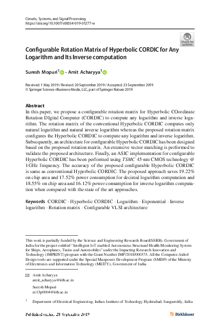 Pdf Configurable Rotation Matrix Of Hyperbolic Cordic For Any Logarithm And Its Inverse