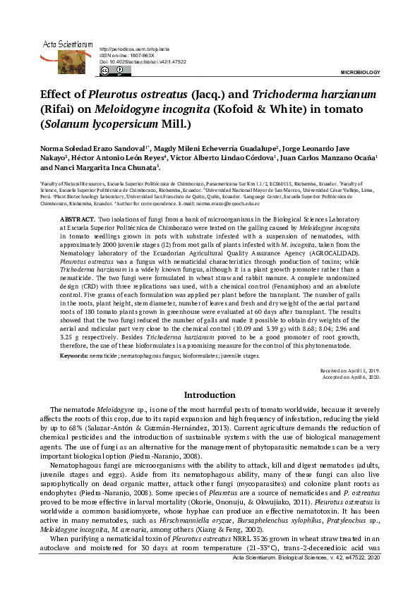 (PDF) Effect of Pleurotus ostreatus (Jacq.) and Trichoderma harzianum (Rifai) on Meloidogyne ...