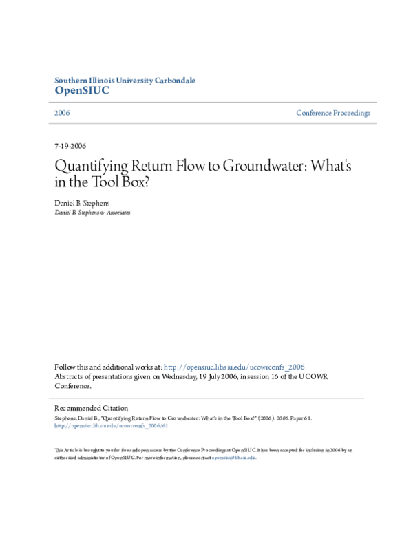 (PDF) Quantifying Return Flow to Groundwater: What\u27s in the Tool Box?