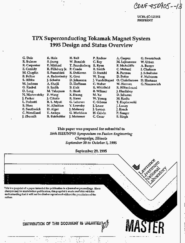 (PDF) TPX superconducting tokamak magnet system 1995 design and status ...