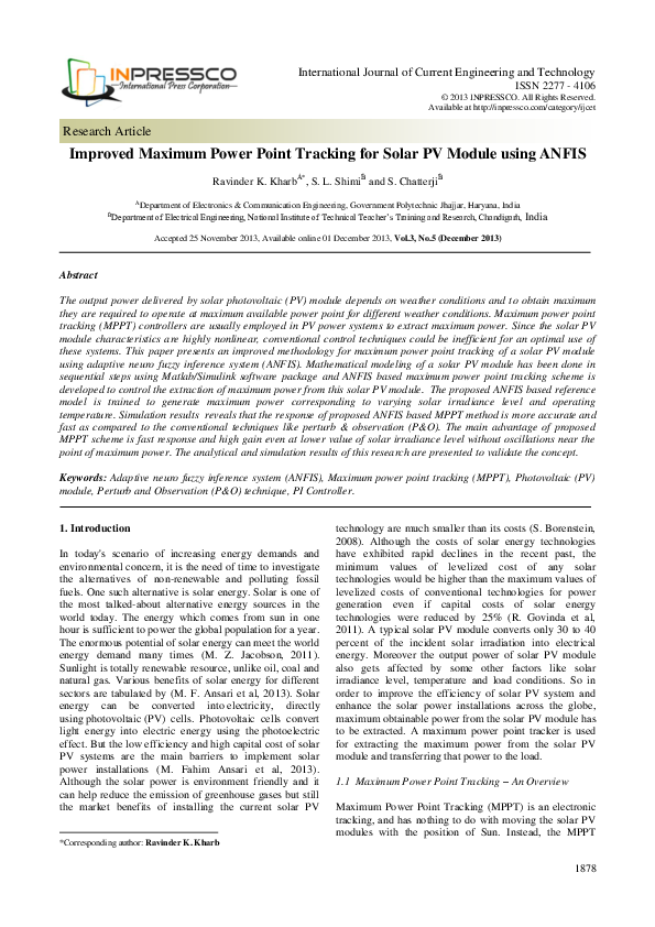 (PDF) Improved Maximum Power Point Tracking for Solar PV Module using ANFIS